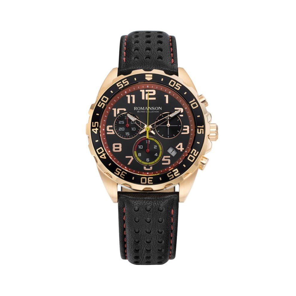 Romanson Black Dial Analog Leather Strap Chronograph Watch for Men
